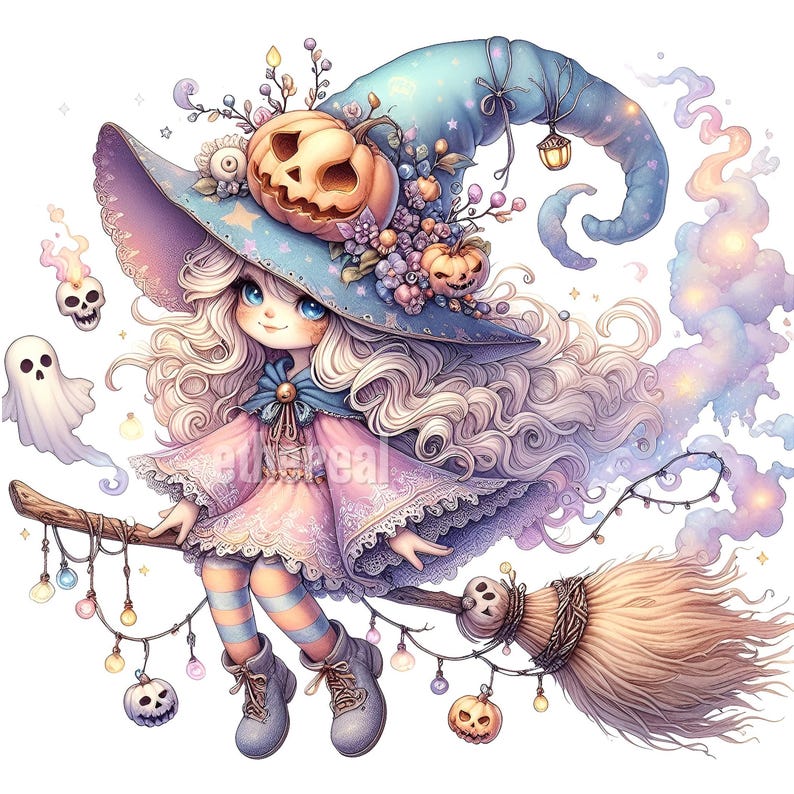 Pastel Witch on Broomstick Clipart, Halloween Clip Art (set of 10) - Etsy