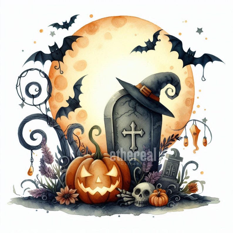 Watercolor Halloween Tombstone Clipart: Spooky Gravestones (set of 10 ...