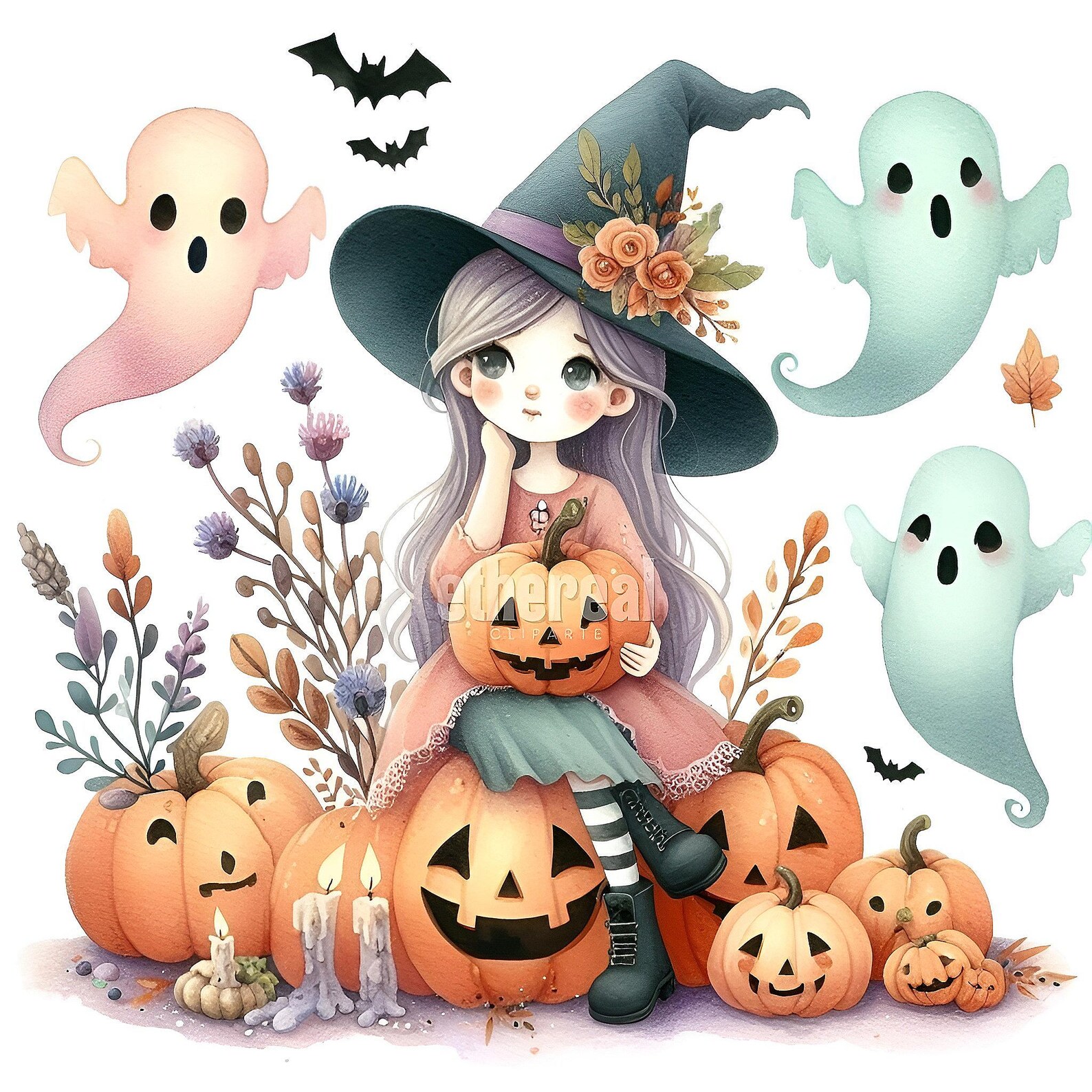 Watercolor Witch Clipart, Halloween Clip Art, High Resolution ...