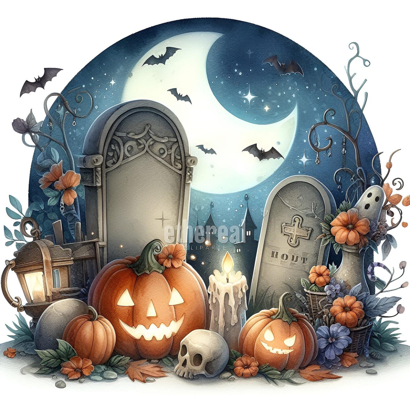 Spooky Halloween Tombstone Clipart, Halloween Clipart, Watercolor ...