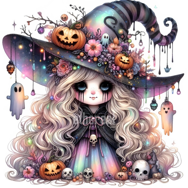 Pastel Halloween Witch Clipart Set, Spooky Kawaii Style (digital ...