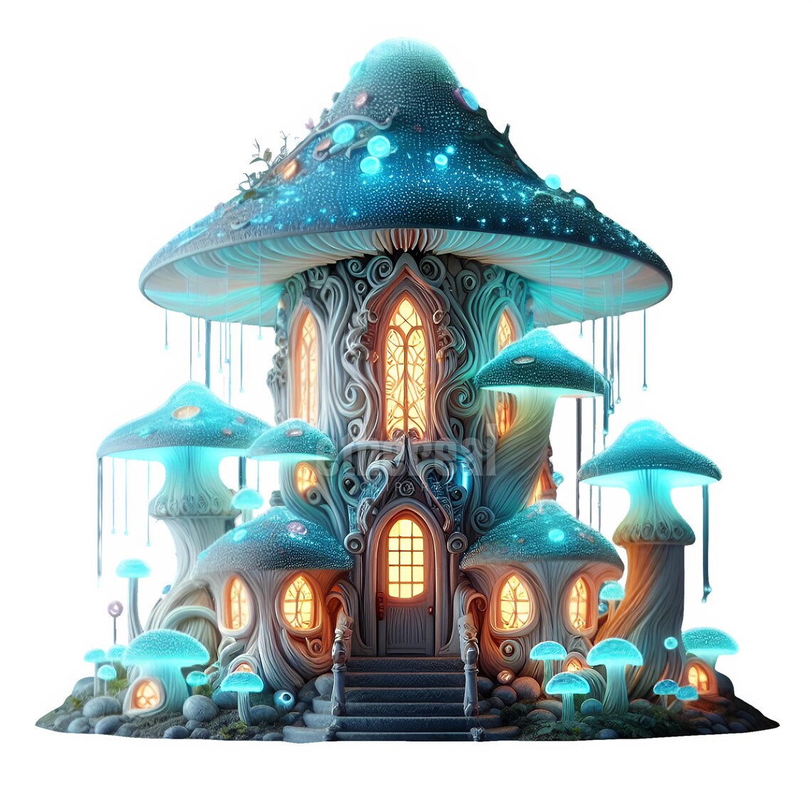 Glowing Mushroom Fairy House Clipart: Whimsical Digital Art (set of 10 ...