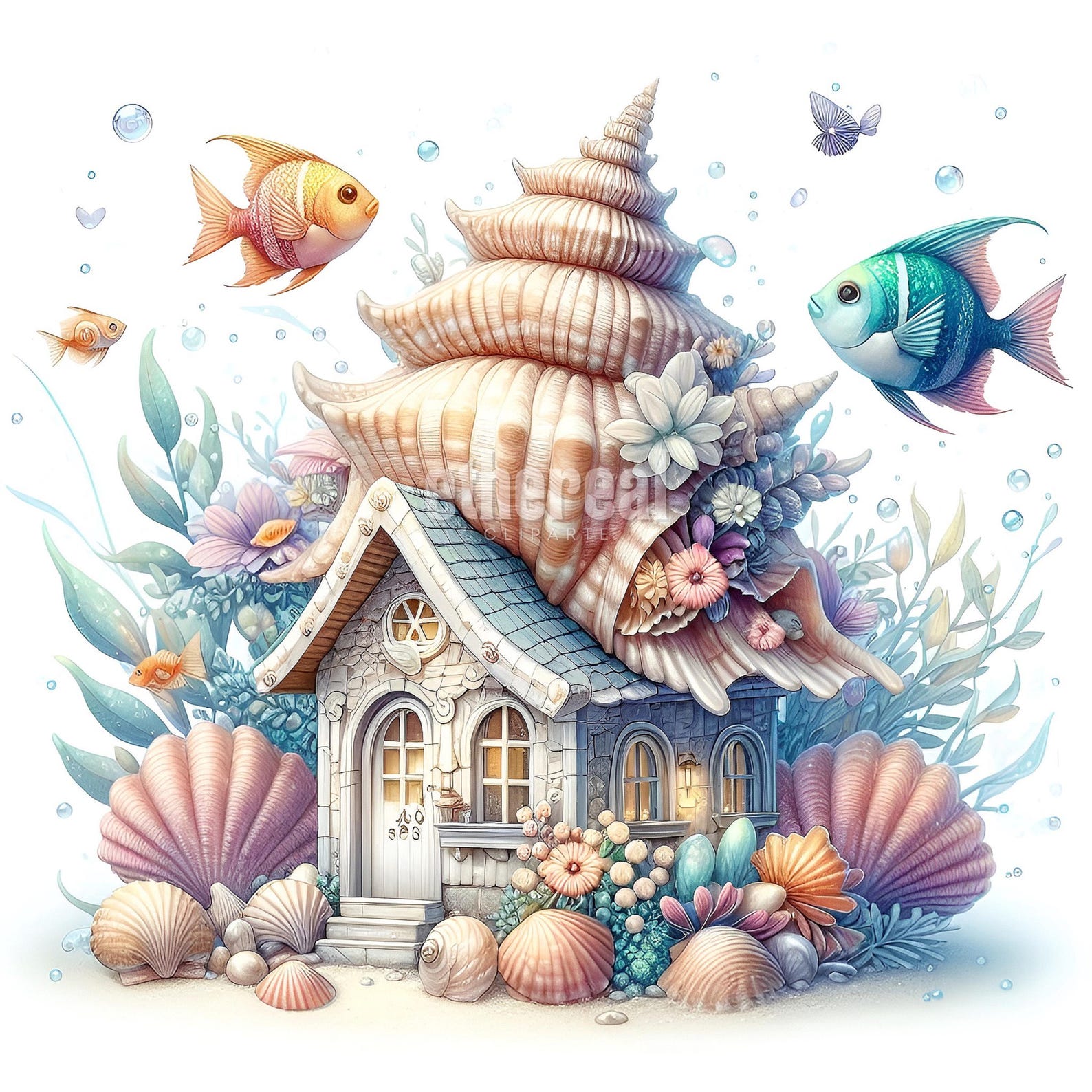 Seashell Fairy House Clipart, Underwater Fantasy Clip Art, Whimsical ...