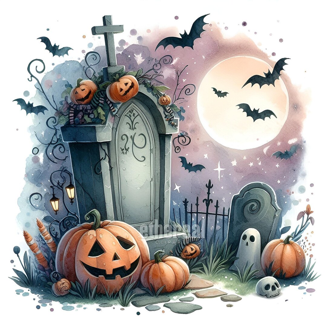 Watercolor Tombstone Clipart Bundle: Halloween Graphics (set of 10 ...