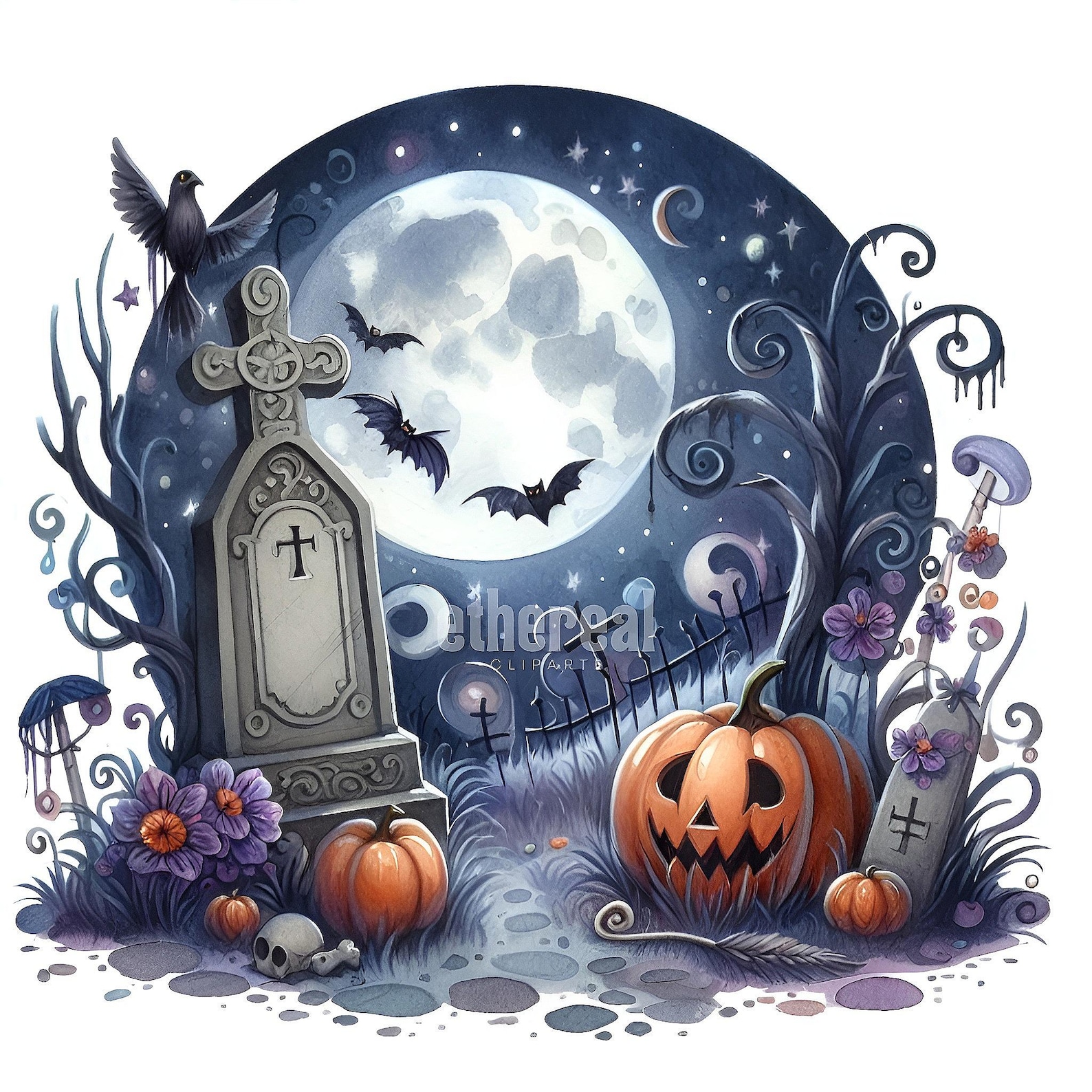 Watercolor Halloween Tombstone Clipart: Spooky Gravestones (set of 10 ...
