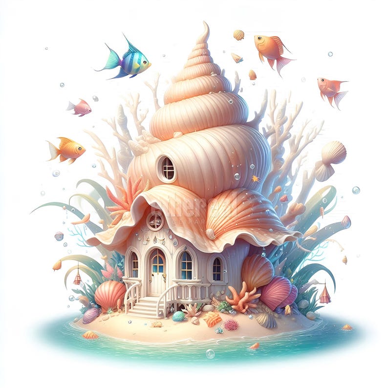 Seashell Fairy House Clipart, Underwater Fantasy Clip Art, Whimsical ...