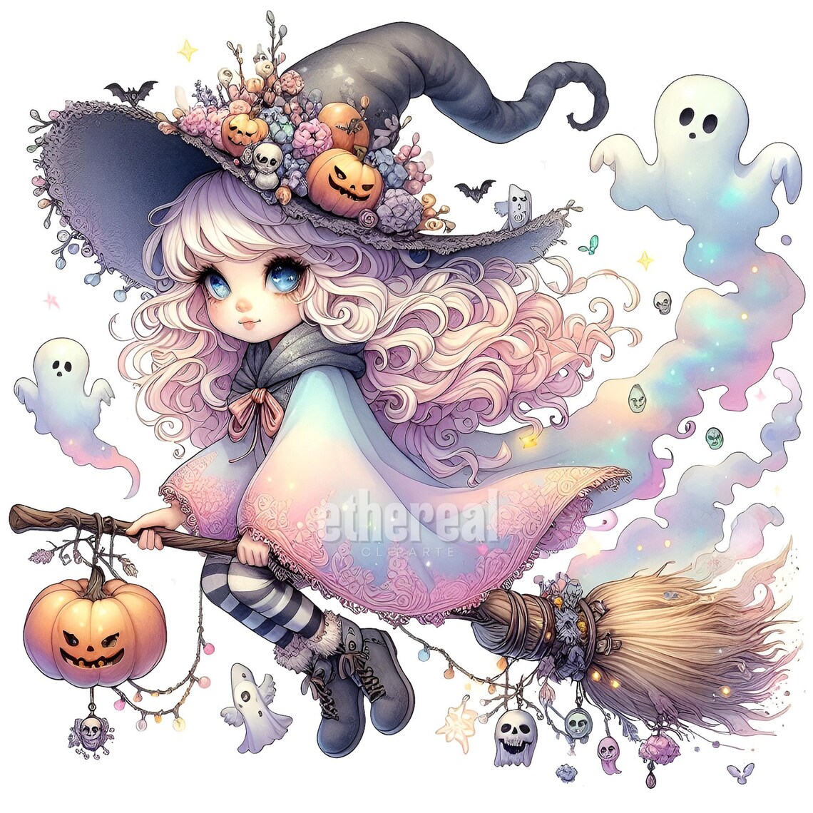 Pastel Witch on Broomstick Clipart, Halloween Clip Art (set of 10) - Etsy