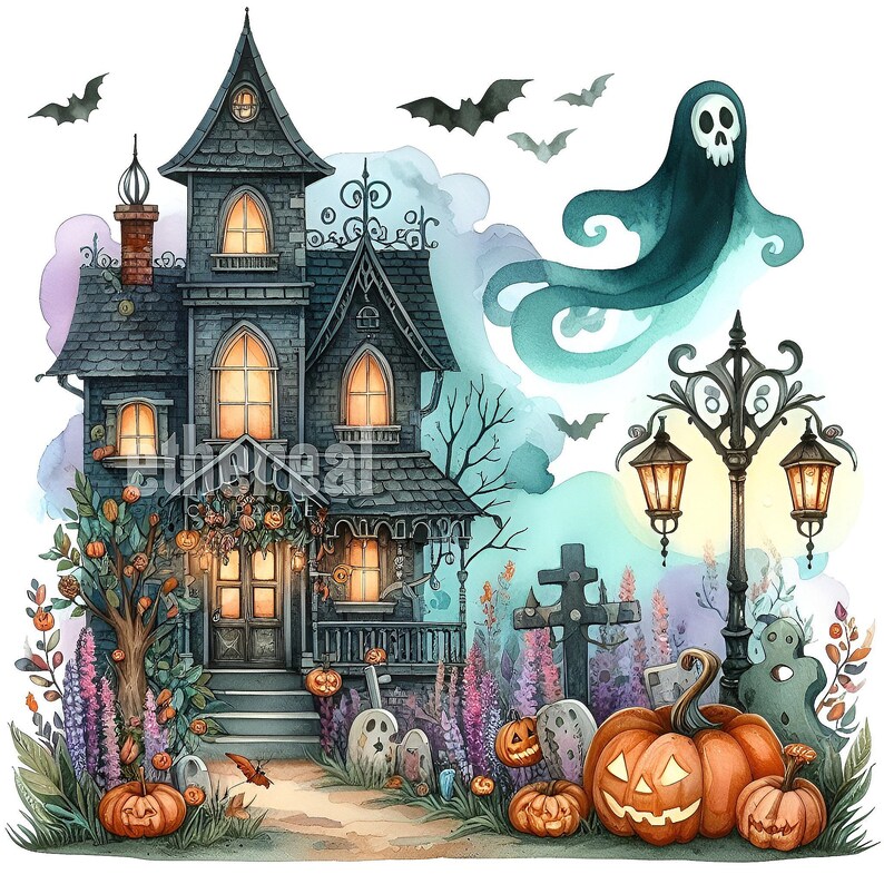 Watercolor Haunted House Clipart: Halloween Digital Art (set of 10 ...