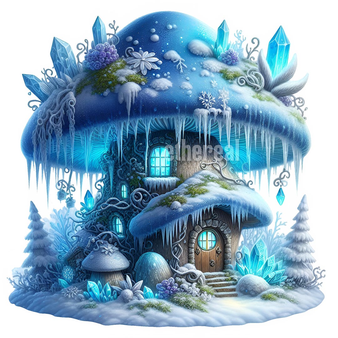 Winter Blue Mushroom House Clipart: Fairy Tale PNG Bundle (set of 10 ...