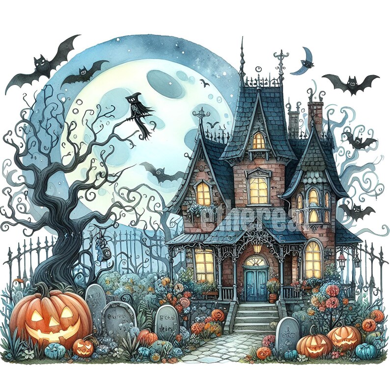 Watercolor Haunted House Clipart: Halloween Digital Art (set of 10 ...