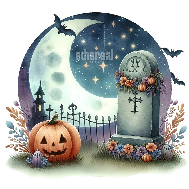 Spooky Halloween Tombstone Clipart, Halloween Clipart, Watercolor ...