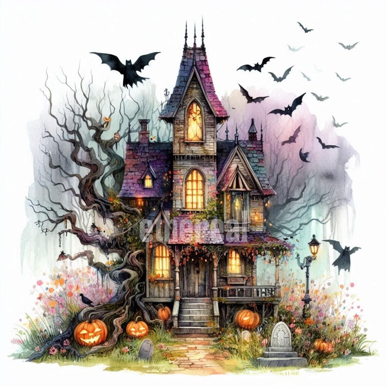 Watercolor Haunted House Clipart: Halloween Digital Art (set of 10 ...
