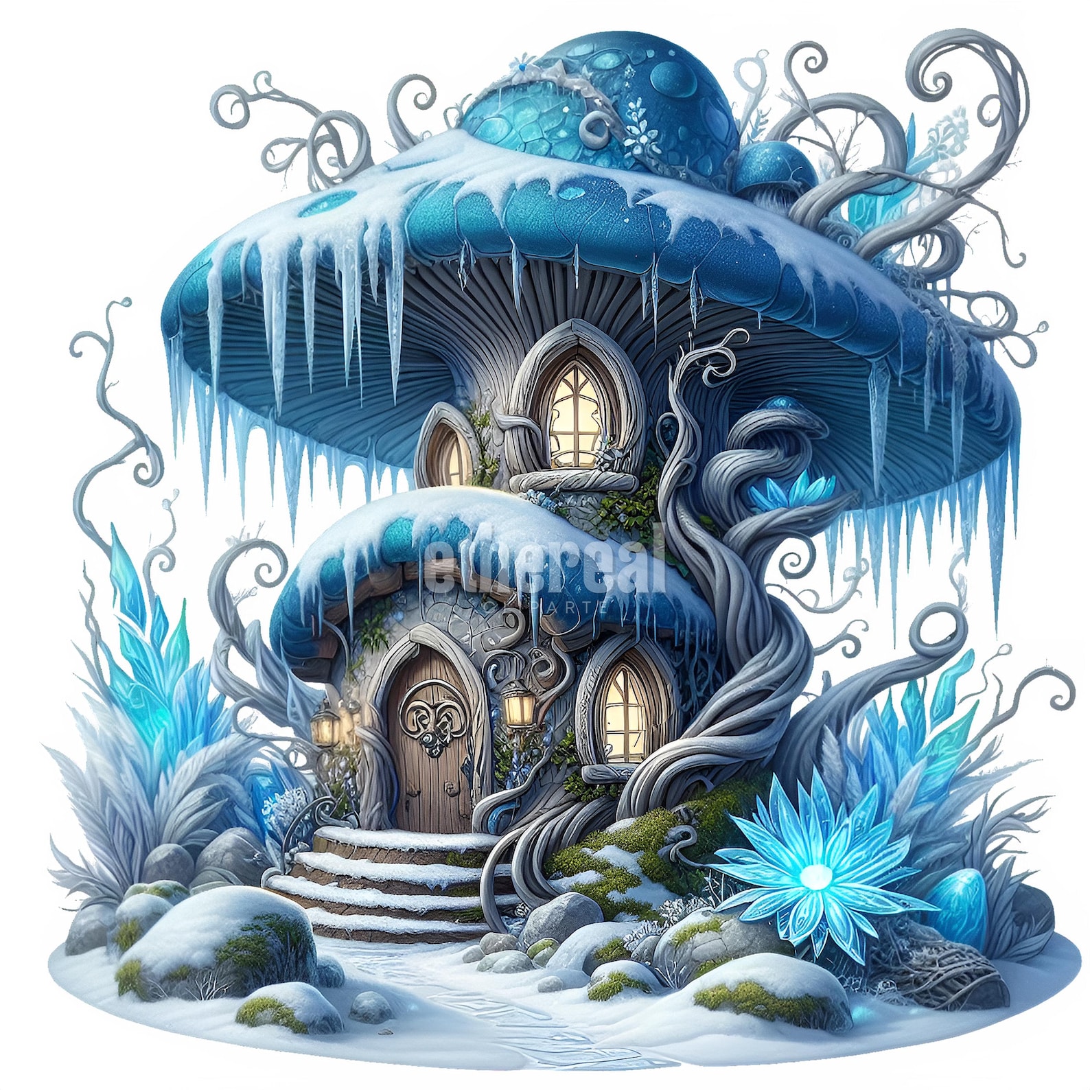 Winter Blue Mushroom House Clipart: Fairy Tale PNG Bundle (set of 10 ...