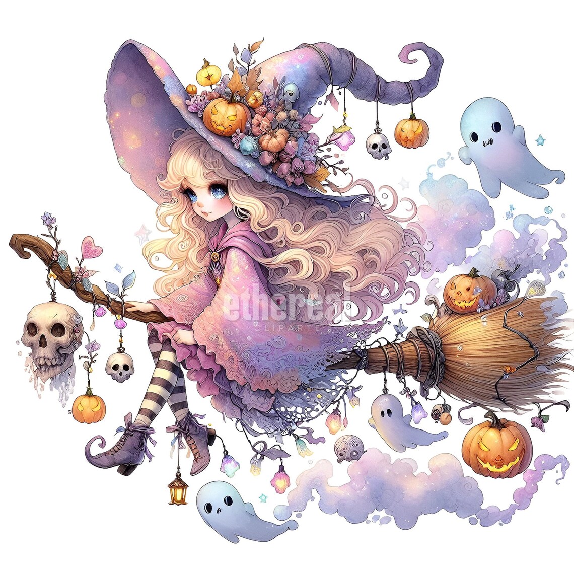 Pastel Witch on Broomstick Clipart, Halloween Clip Art (set of 10) - Etsy