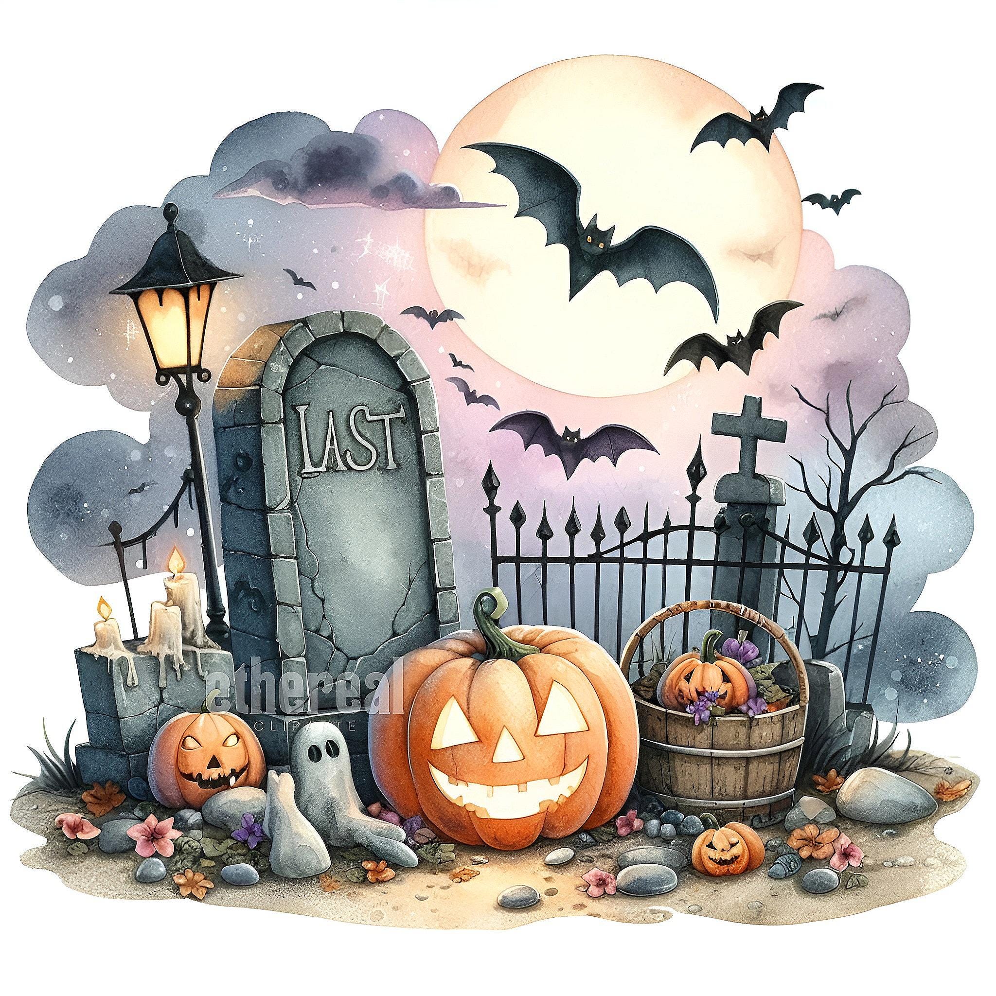Watercolor Halloween Tombstone Clipart: Spooky Gravestones (set of 10 ...