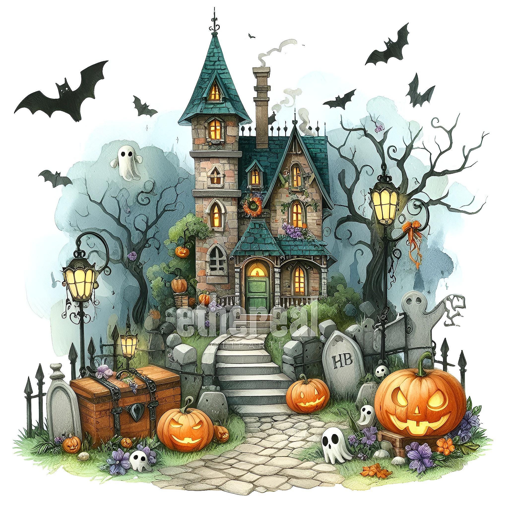 Watercolor Haunted House Clipart: Halloween Digital Art (set of 10 ...