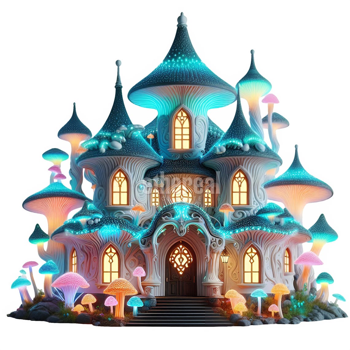 Glowing Mushroom Fairy House Clipart: Whimsical Digital Art (set of 10 ...