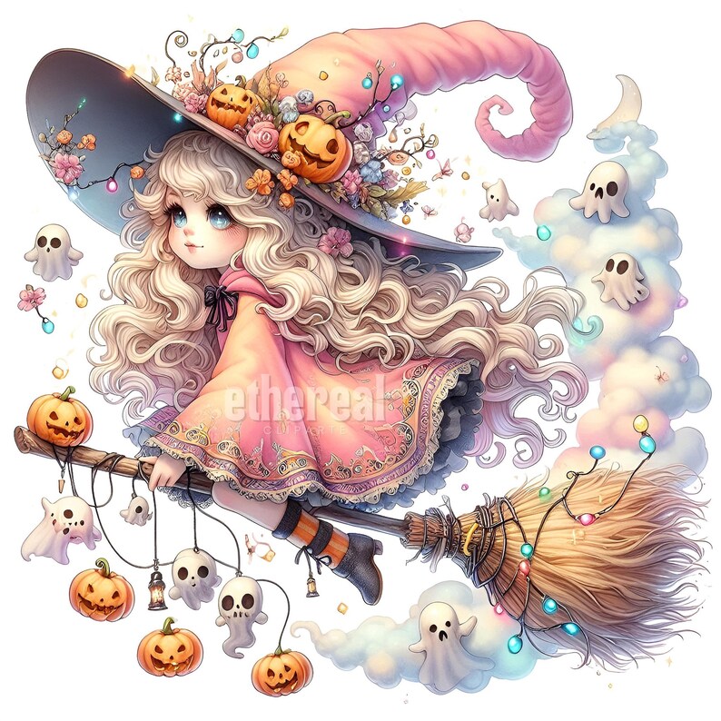 Pastel Witch on Broomstick Clipart, Halloween Clip Art (set of 10) - Etsy