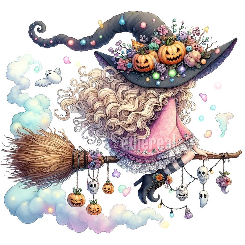 Pastel Witch on Broomstick Clipart, Halloween Clip Art (set of 10) - Etsy