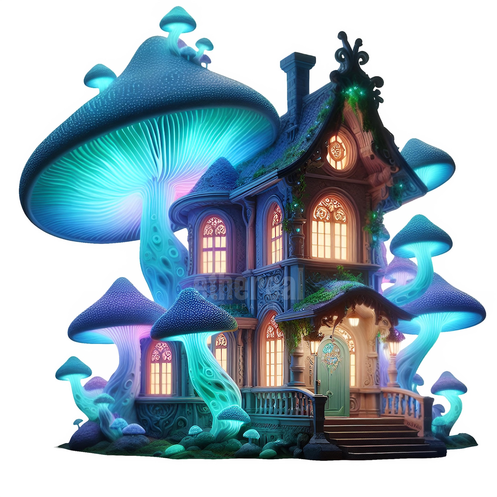 Glowing Mushroom Fairy House Clipart: Whimsical Digital Art (set of 10 ...