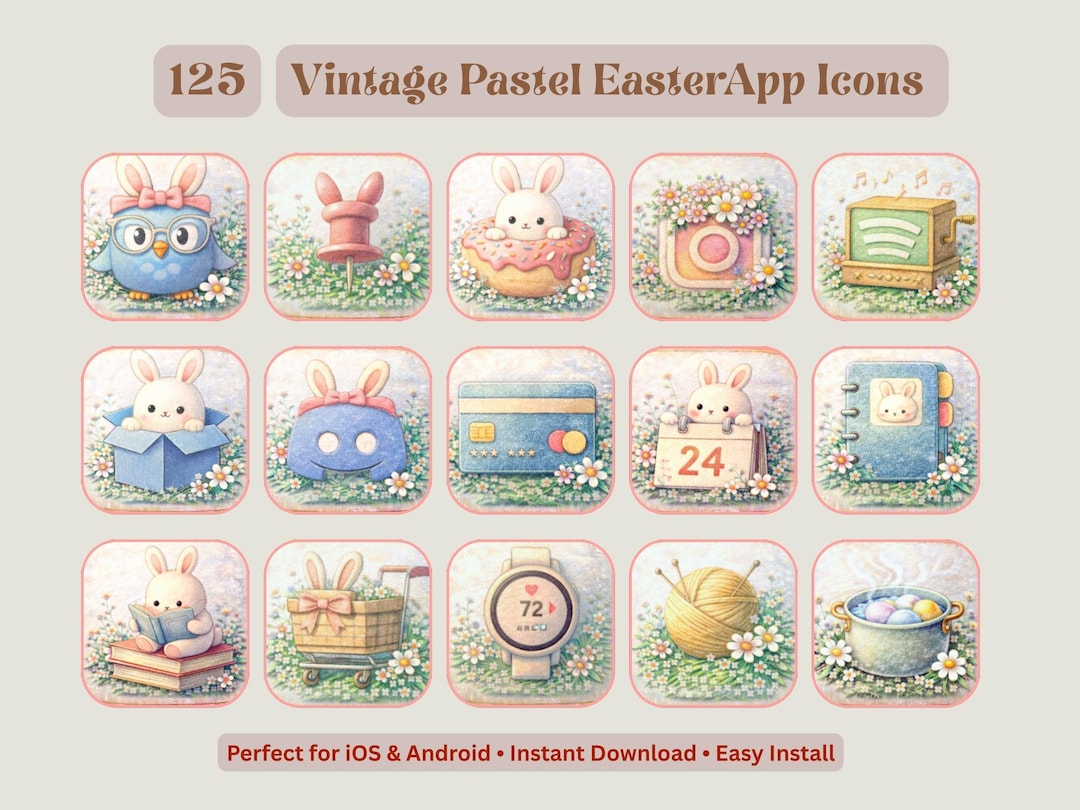 Vintage Pastel Easter App Icons, Bunny Theme (125), Ios Android ...