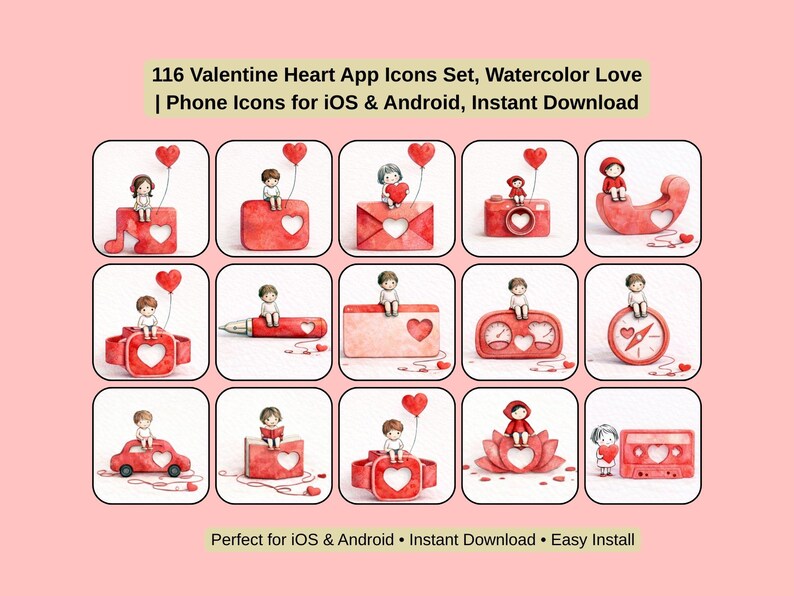 Valentine Heart App Icons Set, Watercolor Love Icons for iPhone ...