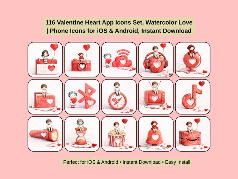 Valentine Heart App Icons Set, Watercolor Love Icons for iPhone ...