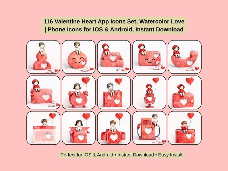 Valentine Heart App Icons Set, Watercolor Love Icons for iPhone ...