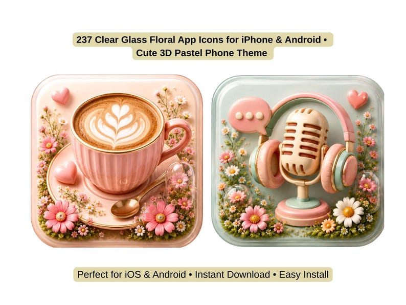 Clear Glass Floral App Icons • Pastel 3D Phone Theme (digital Download ...