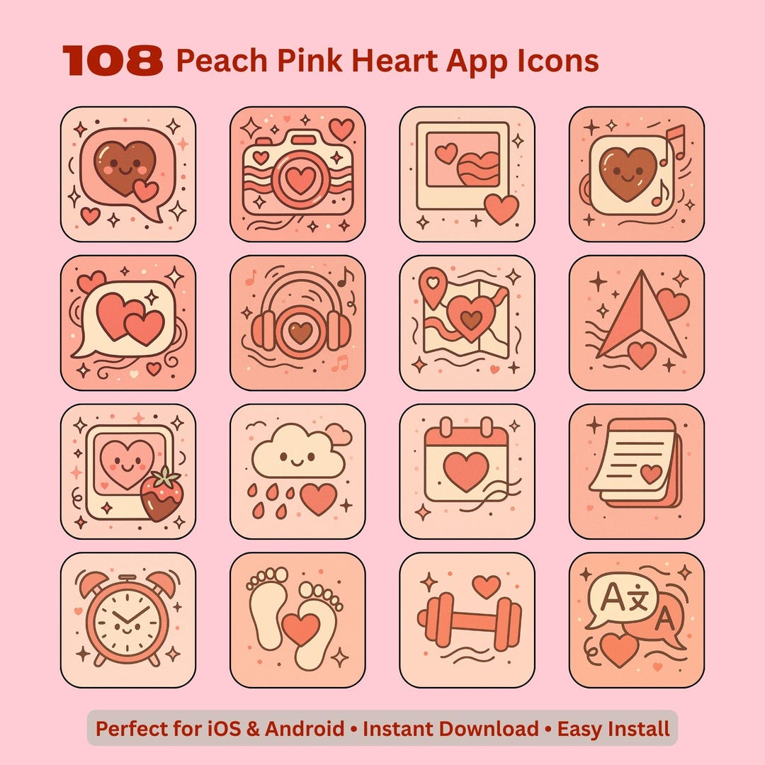 108 Peach Pink Heart App Icons for Ios & Android | Instant Download - Etsy