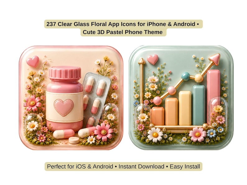 Clear Glass Floral App Icons • Pastel 3D Phone Theme (digital Download ...