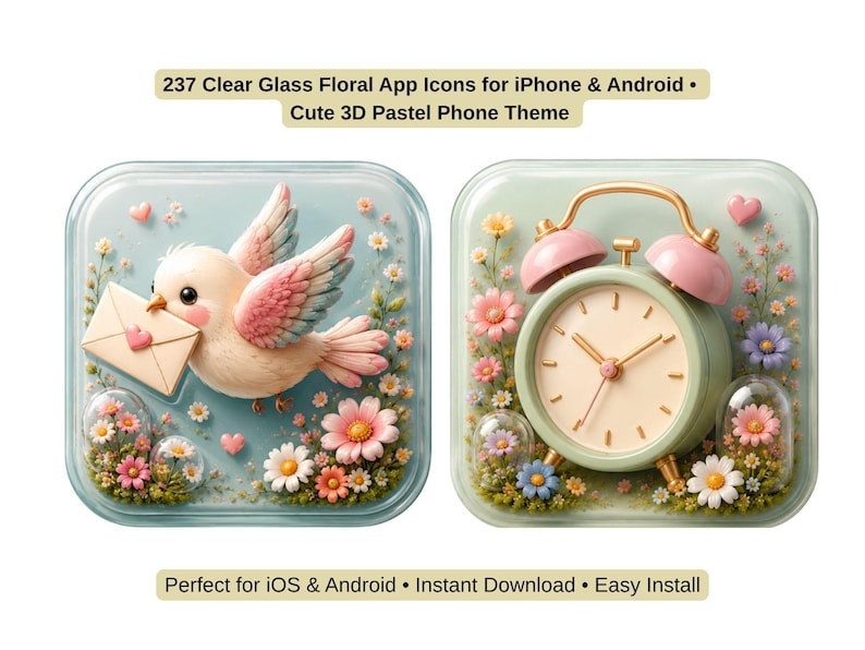 Clear Glass Floral App Icons • Pastel 3D Phone Theme (digital Download ...