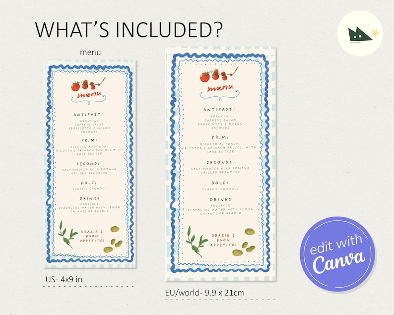 Menu Design Template, Editable Digital Italian Dinner List, Party ...