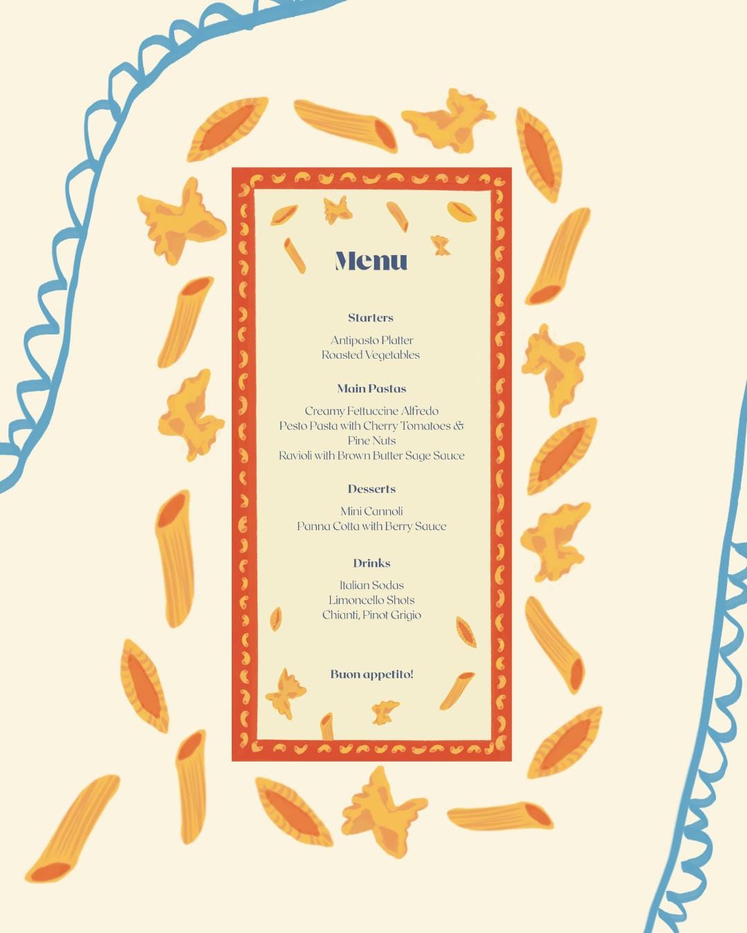 Italian Pasta Party Menu Template: Hand-drawn Design (digital Download ...