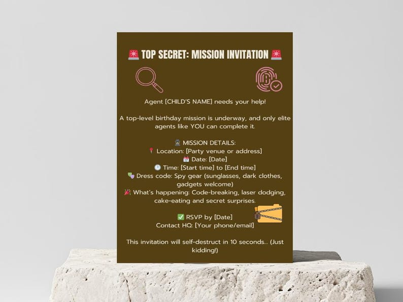 Editable Spy Birthday Party Invitation | Secret Agent Mission Printable ...