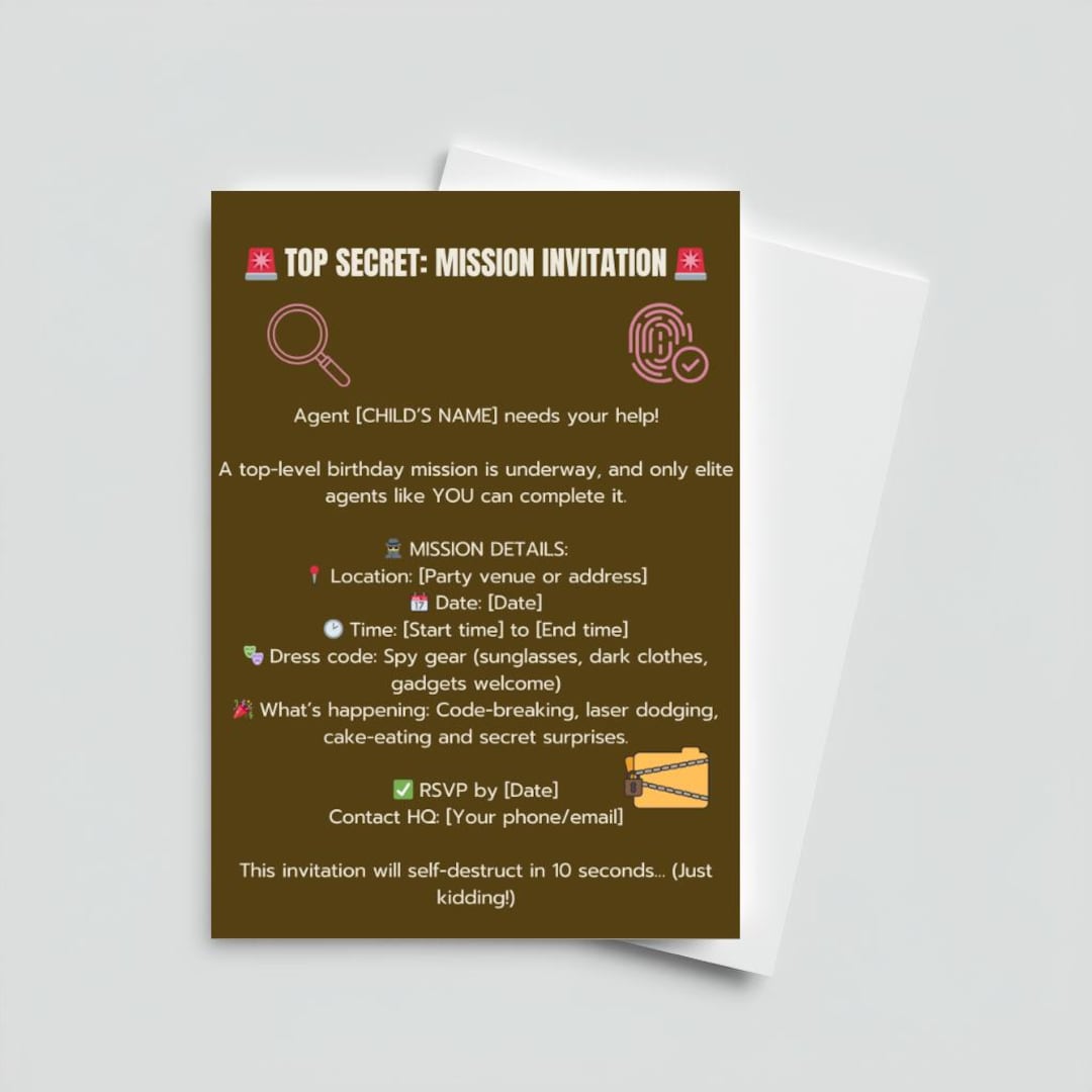 Editable Spy Birthday Party Invitation | Secret Agent Mission Printable ...