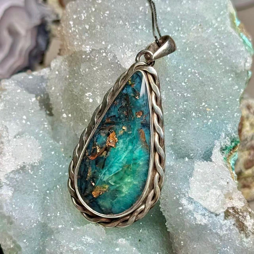 Opalized Wood Silver Pendant With Copper Inclusions – Natural Fossil ...