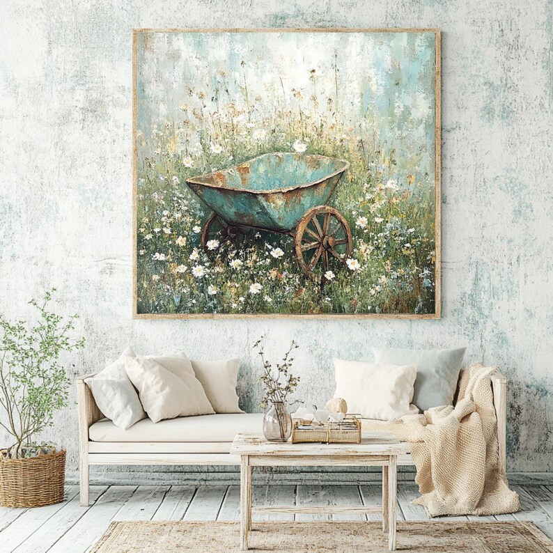 Farmhouse Rusty Wheelbarrow Canvas Framed Wall Art, Country Meadow ...