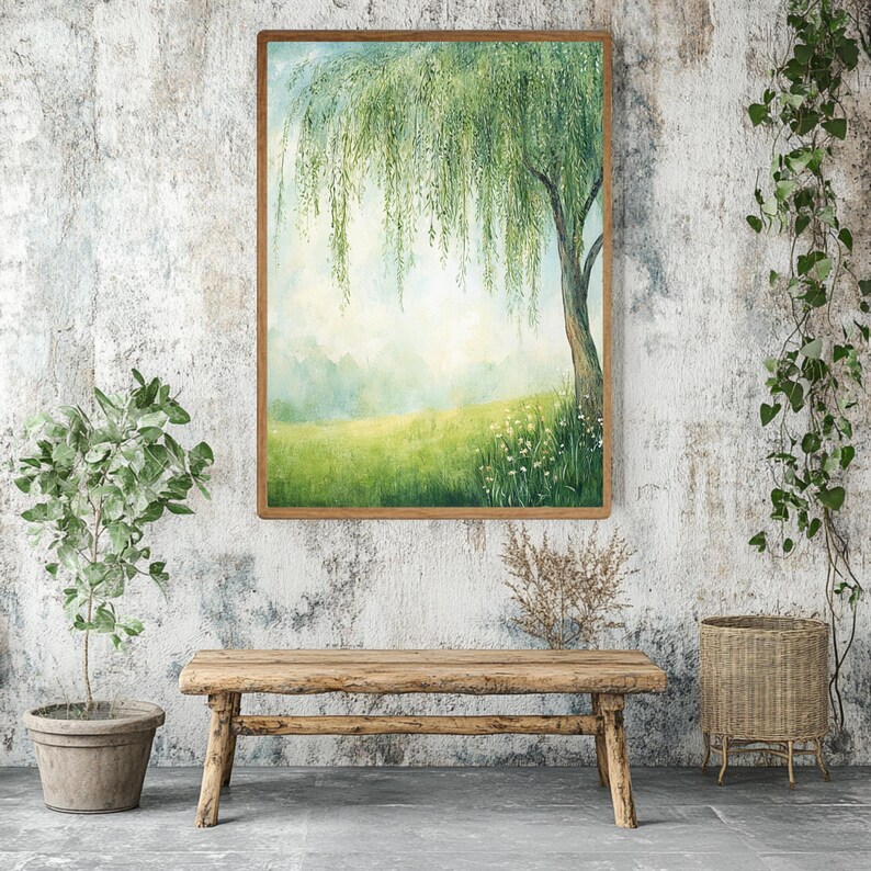 Willow Tree Wall Art Wooden Framed Canvas, Serene Meadow Landscape ...