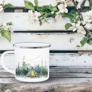 Rustic Pine Woods Camping Mug, Watercolor Tent & Campfire Enamel Mug ...