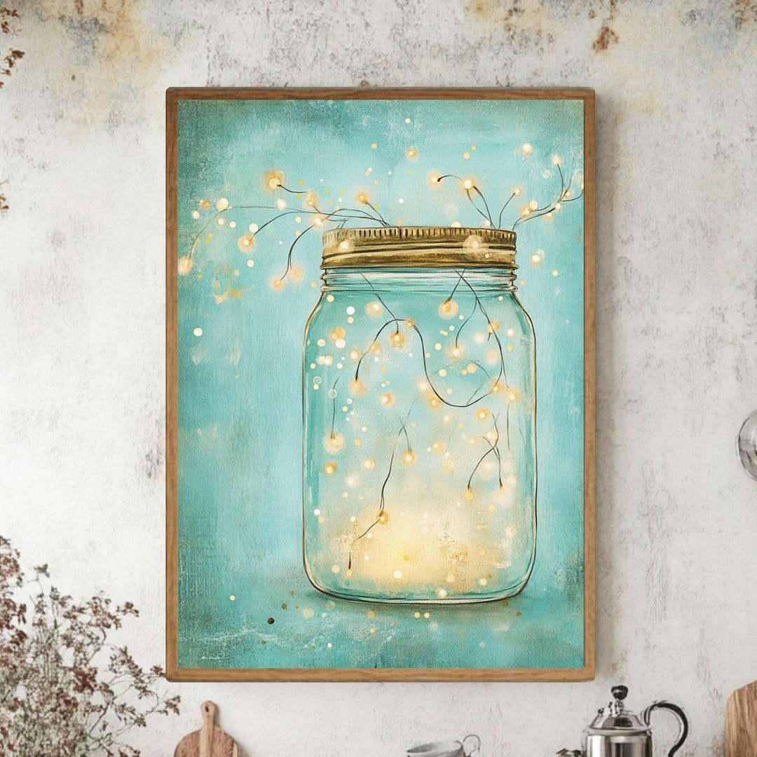 Mason Jar Fairy Light Wall Art, Rustic String Light Jar Framed Canvas ...