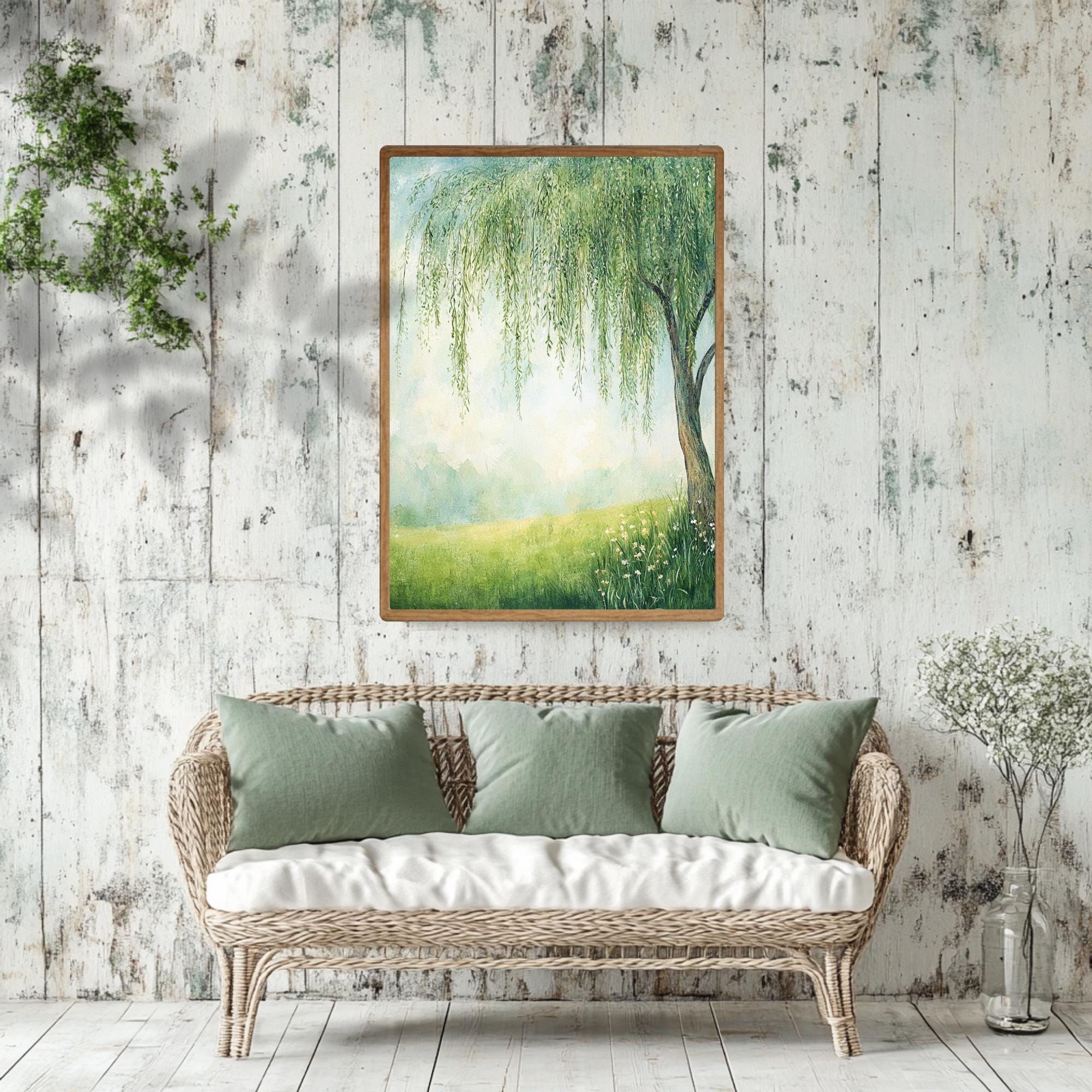 Willow Tree Wall Art Wooden Framed Canvas, Serene Meadow Landscape ...