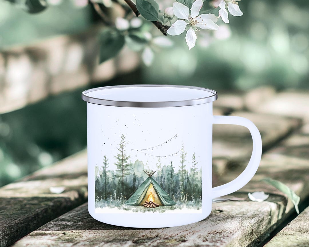Rustic Pine Woods Camping Mug, Watercolor Tent & Campfire Enamel Mug ...