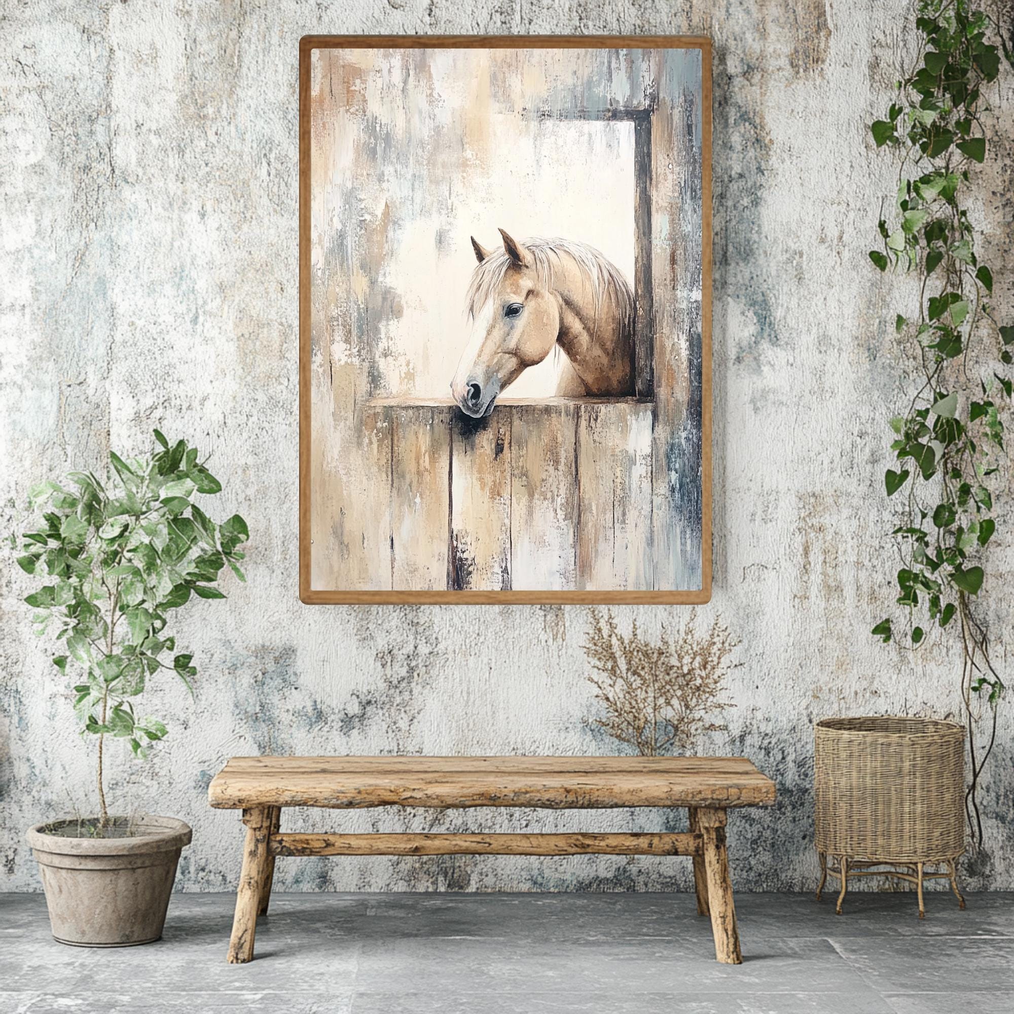 Horse in Barn Window Wall Art, Wooden Framed Canvas, Rustic Farmhouse ...