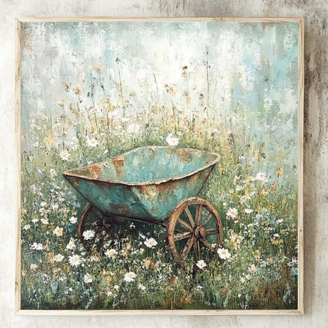 Farmhouse Rusty Wheelbarrow Canvas Framed Wall Art, Country Meadow ...