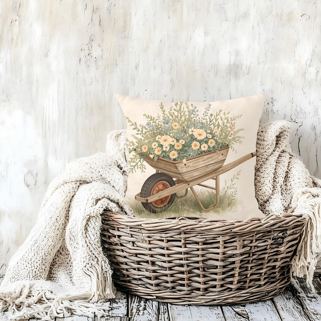 Wildflower Garden Wheelbarrow Pillow Cover, Rustic Floral Artwork ...