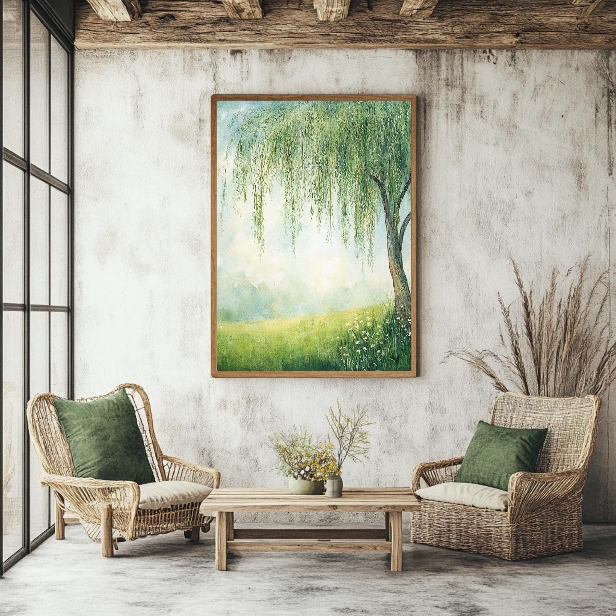 Willow Tree Wall Art Wooden Framed Canvas, Serene Meadow Landscape ...