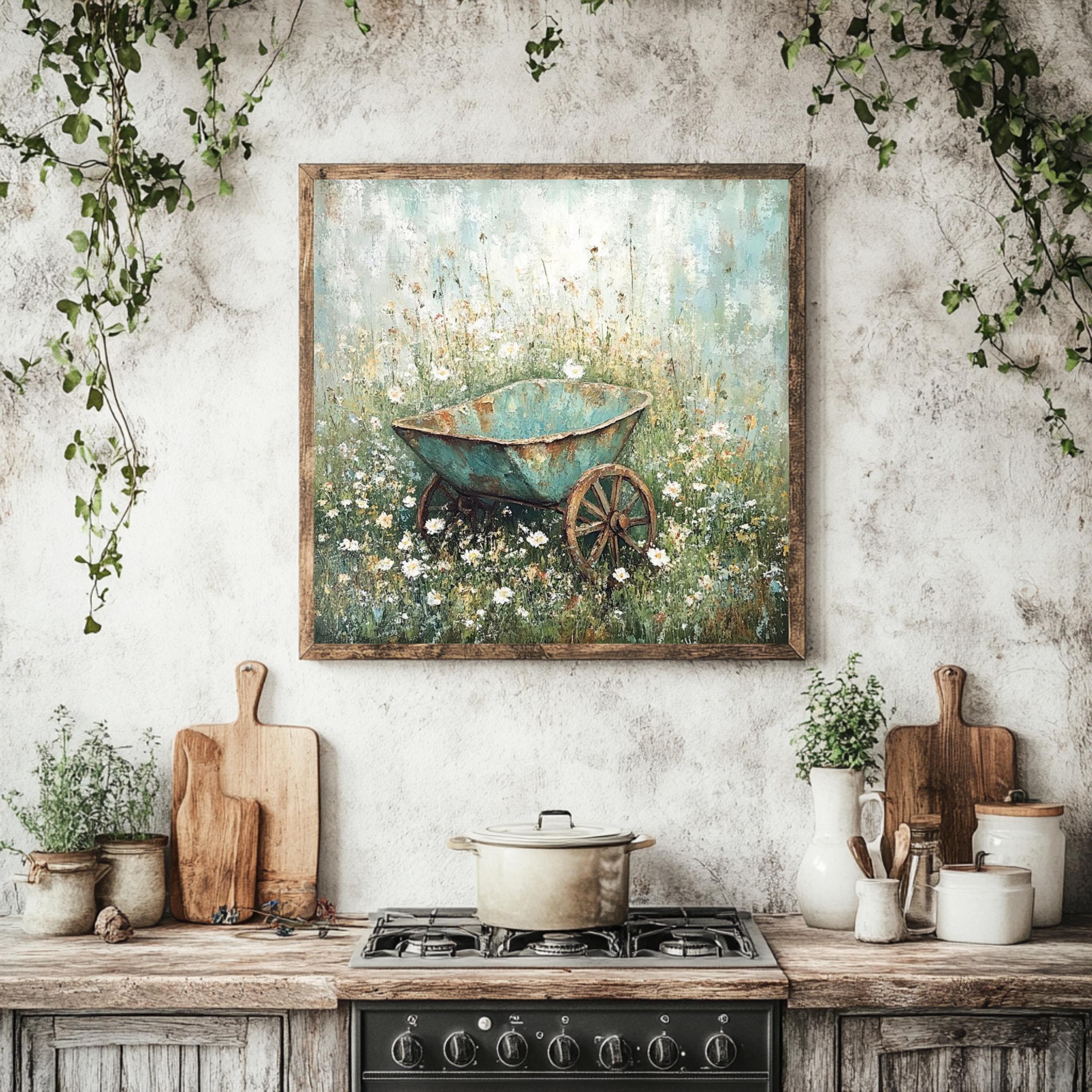 Farmhouse Rusty Wheelbarrow Canvas Framed Wall Art, Country Meadow ...
