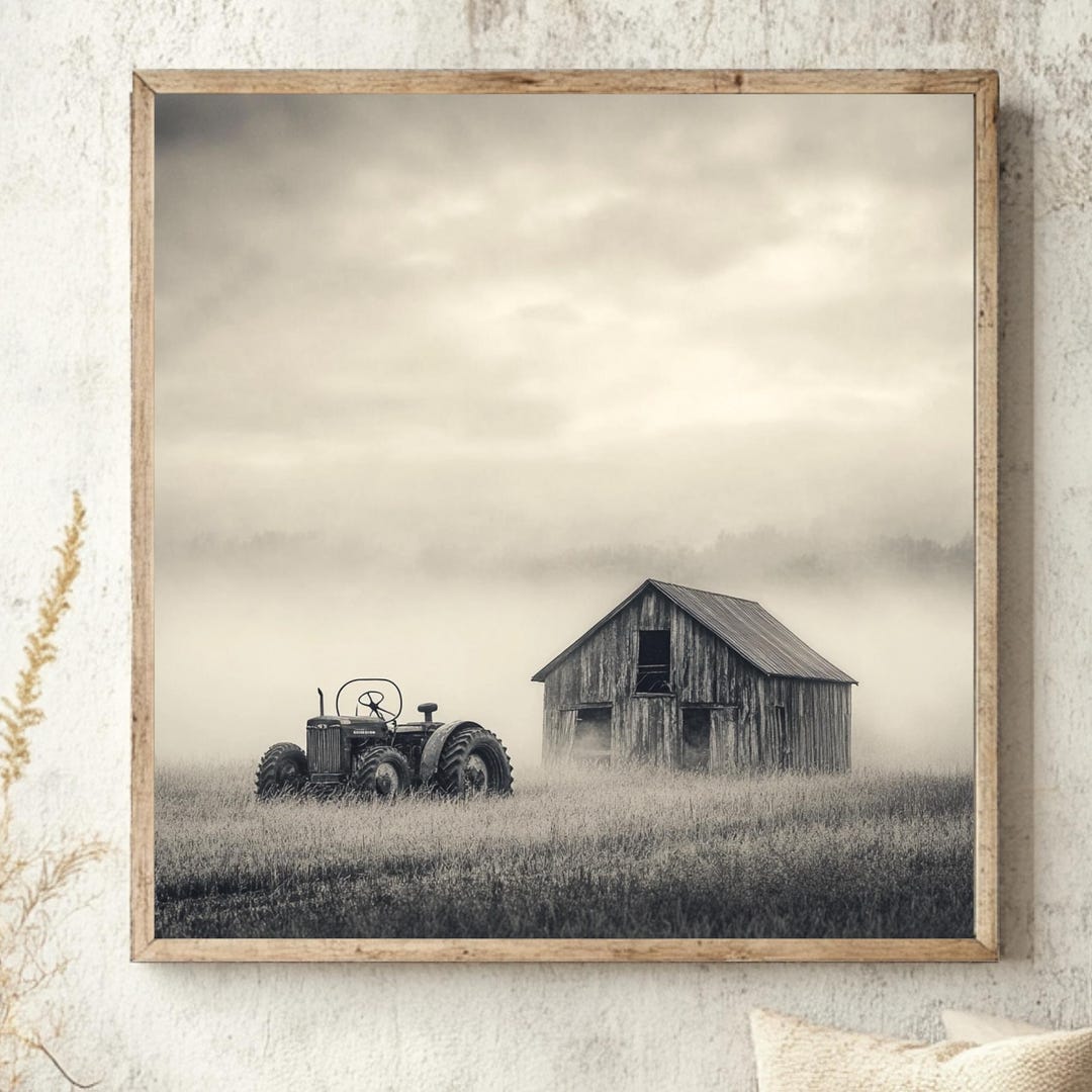 Old Farmhouse Tractor Wall Art, Rustic Black and White Framed Canvas ...
