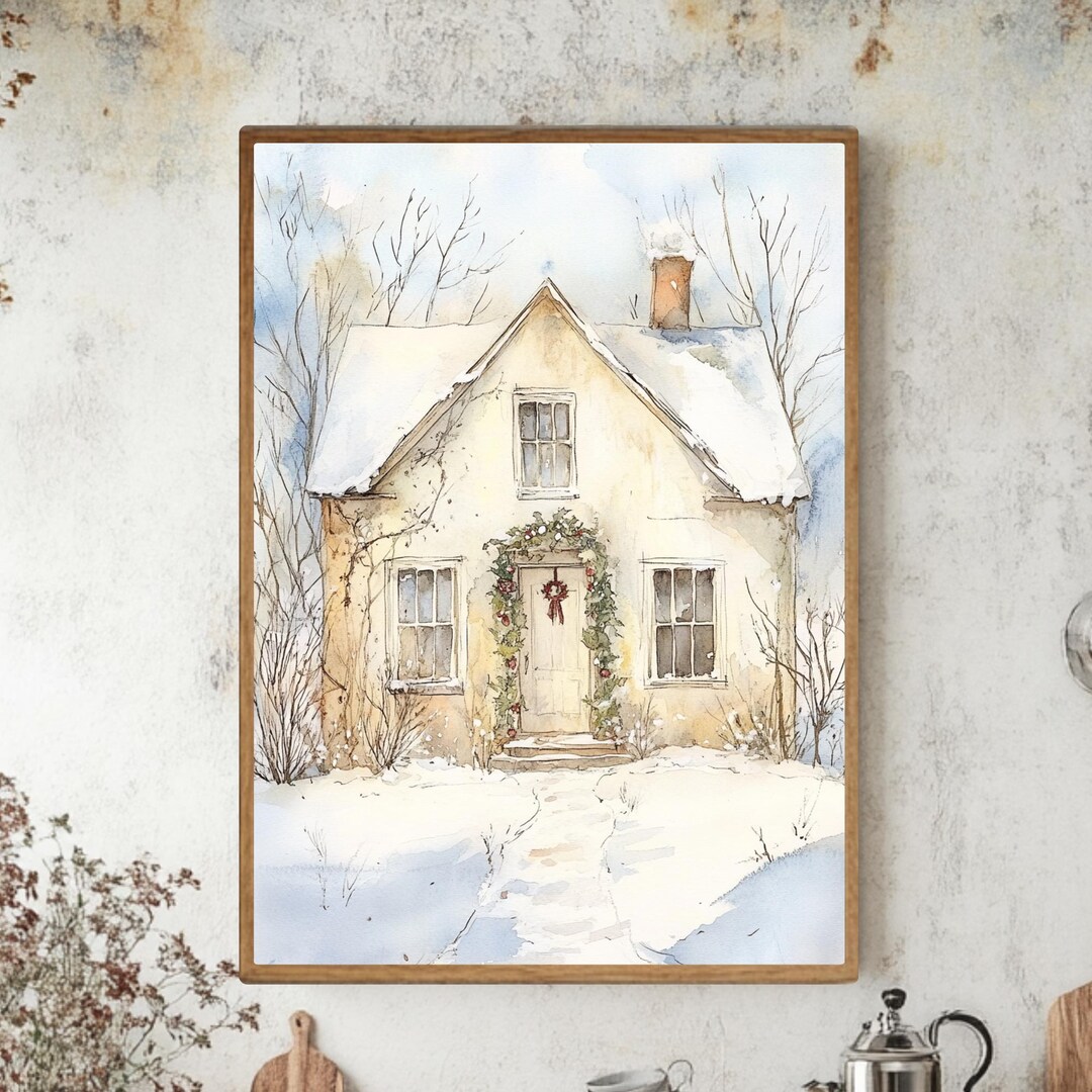 Rustic Cottage Christmas Wall Art, Watercolor Farmhouse Framed Canvas ...